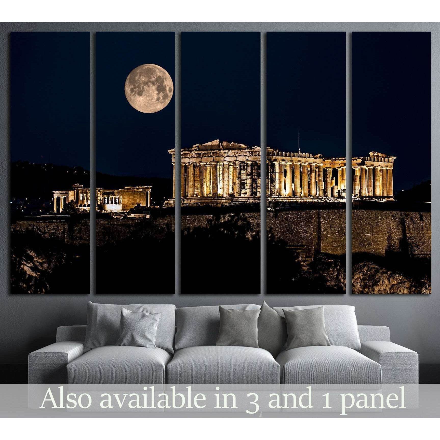 Parthenon at Night Canvas Print | Athens Moon Photo - Zellart