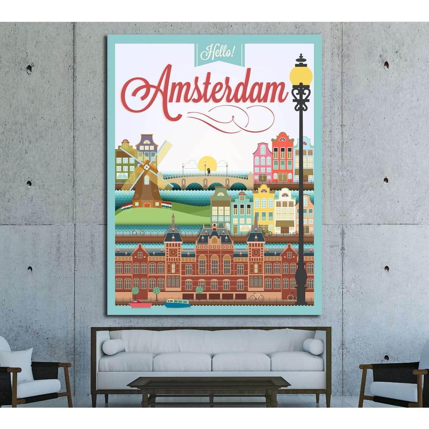 Typographical Retro Style canvas With Amsterdam Symbols And Landmarks ...
