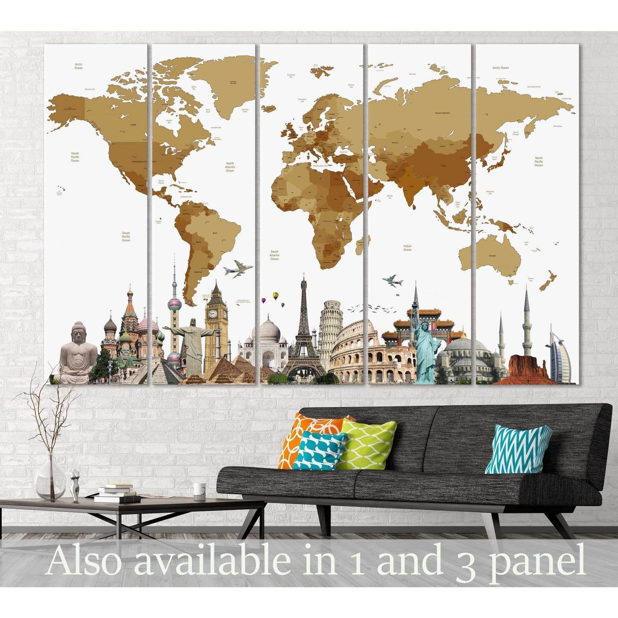 World Map with landmarks №101 Ready to Hang Canvas Print